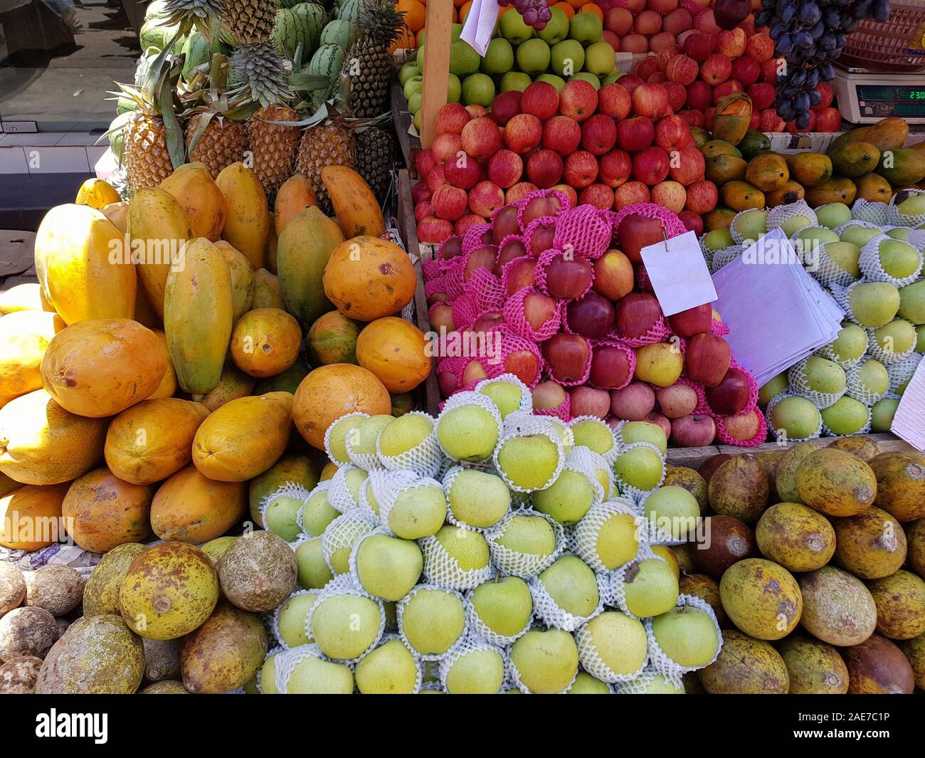 Ripe fruits stacked at a local market of fruit and vegetable in Sri ...