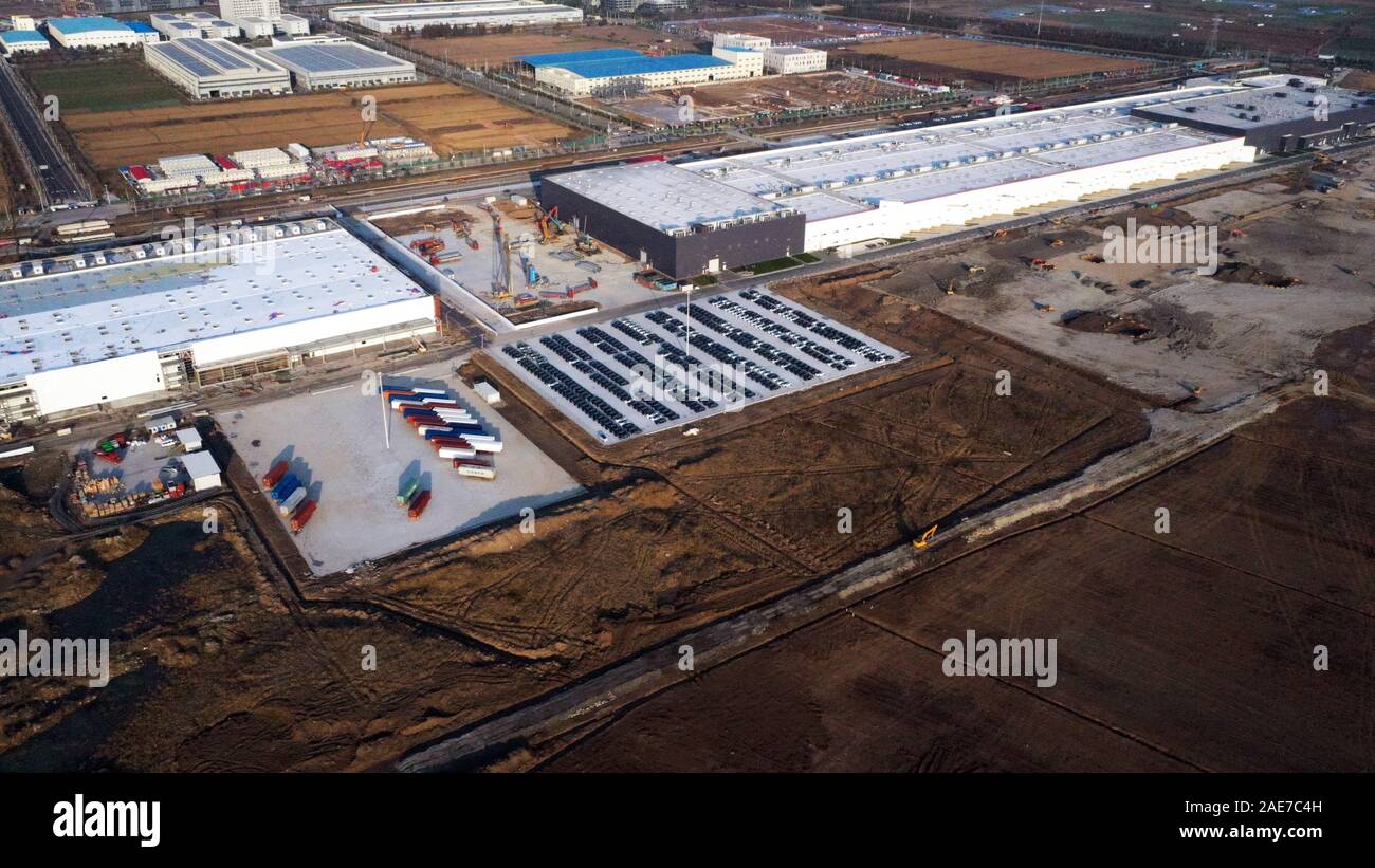 Aerial view of newly-manufactured Tesla Model 3 electric cars on the ...