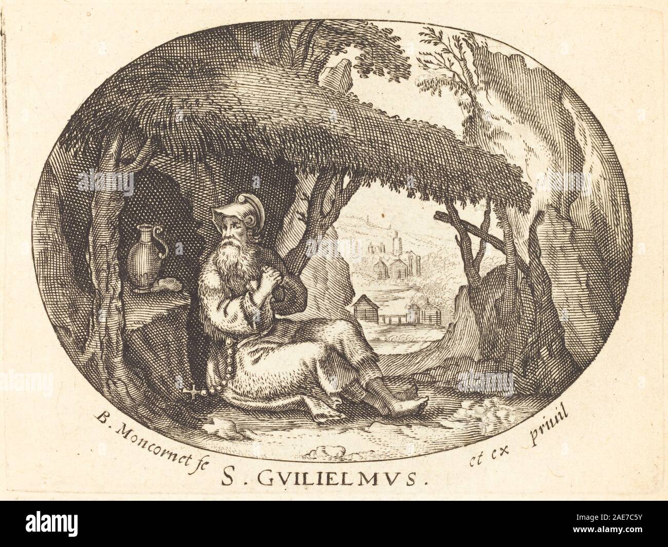 Engraving depicting Saint William the Hermit in contemplative pose ...