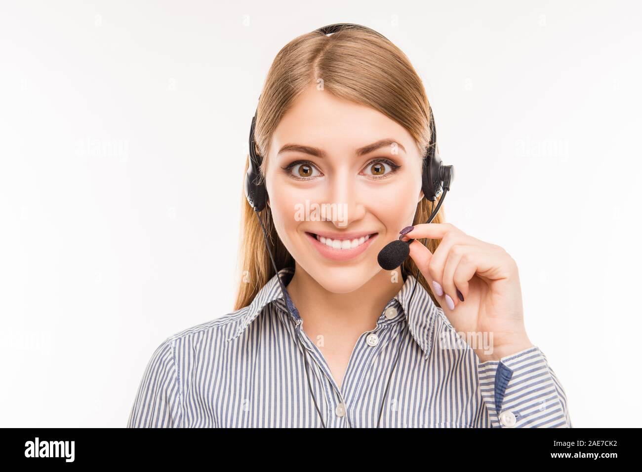 Close up portrait of young cheerful agent of call centre Stock Photo ...