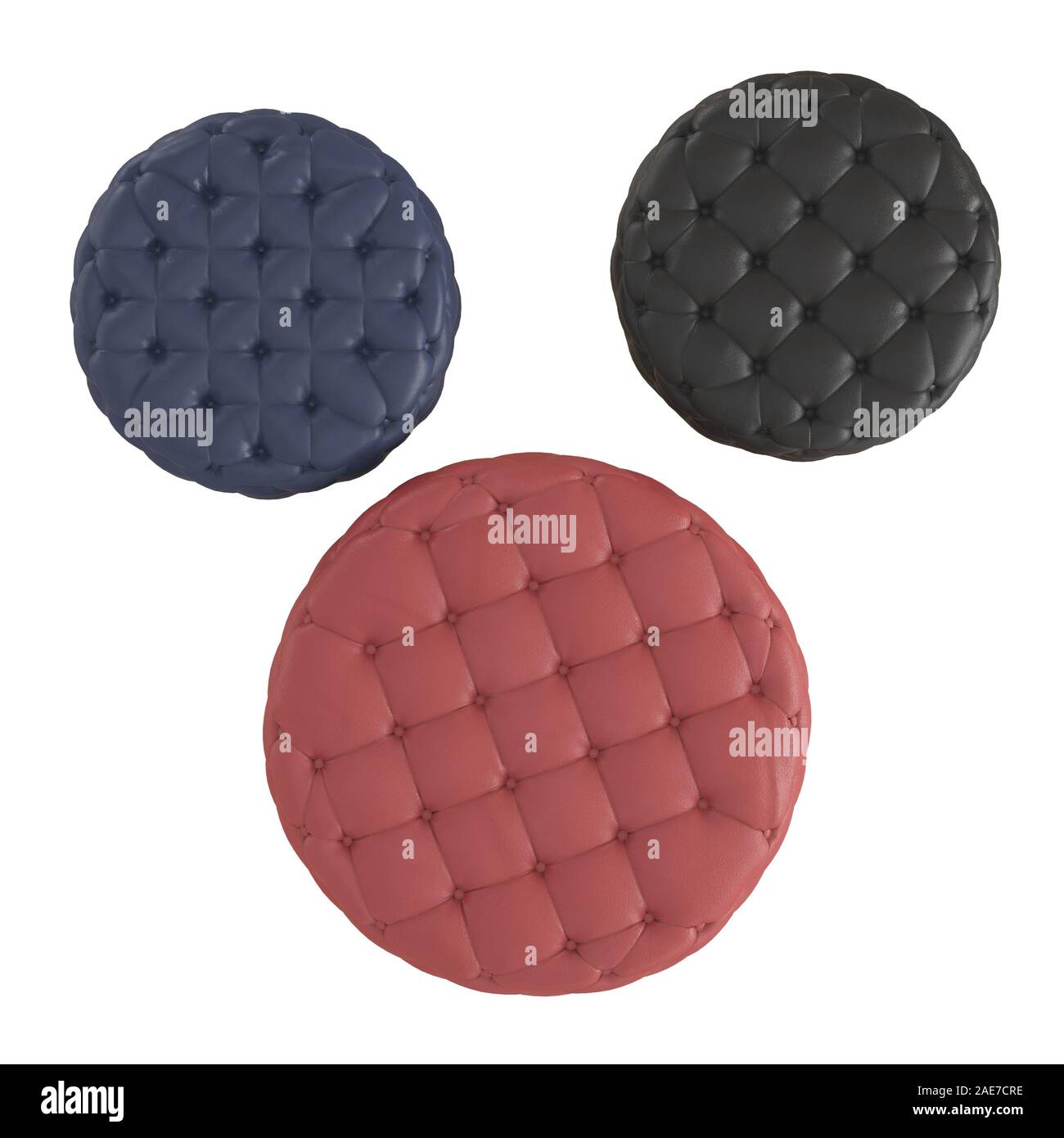 Three colored leather quilted poufs on an isolated background. 3d ...