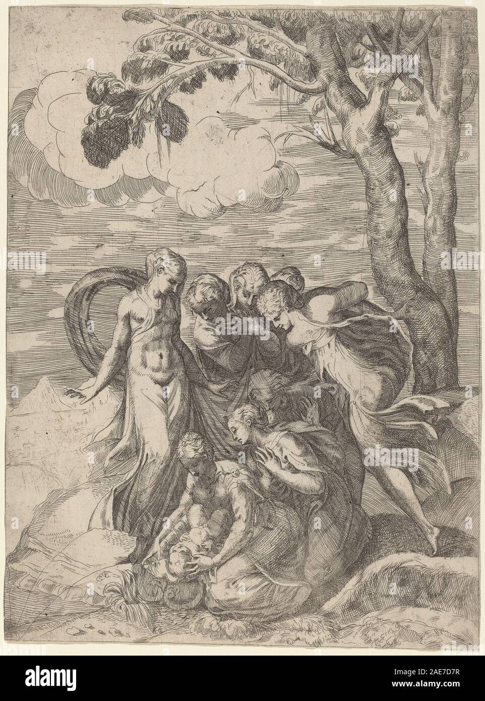 The Finding of Moses; 1540s date Battista Angolo del Moro, after Andrea ...