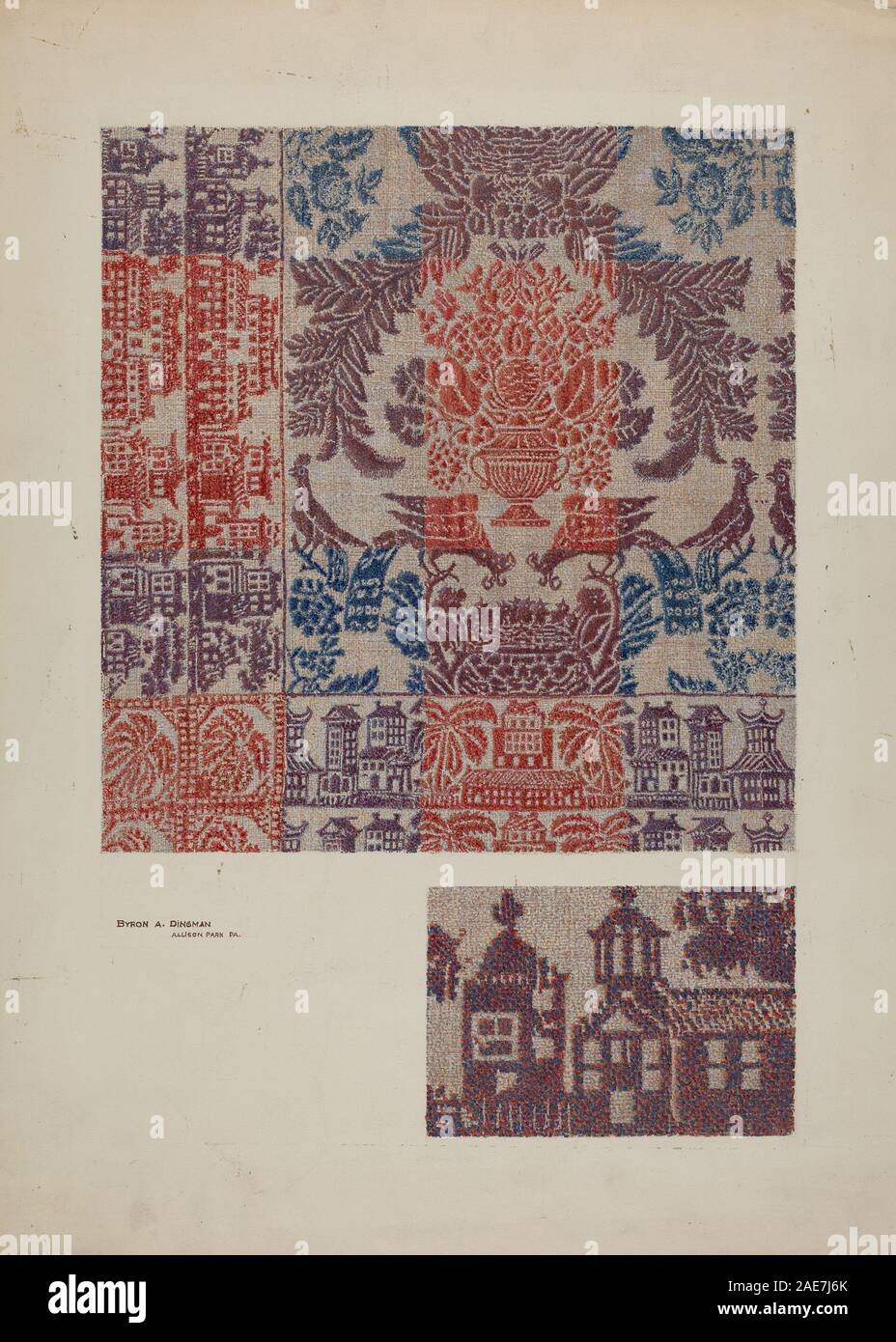 Textile coverlet depicting a town scene of Boston with houses, streets ...