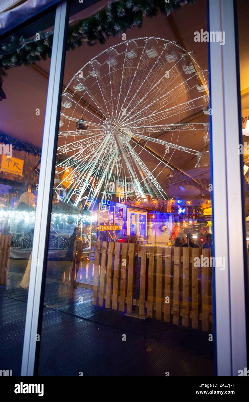 A Cold December night in Cardiff in the lead up to Christmas. Colourful ...