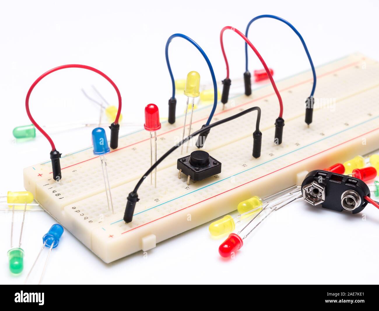 LEDs and cables on prototype table isolated on white background Stock ...