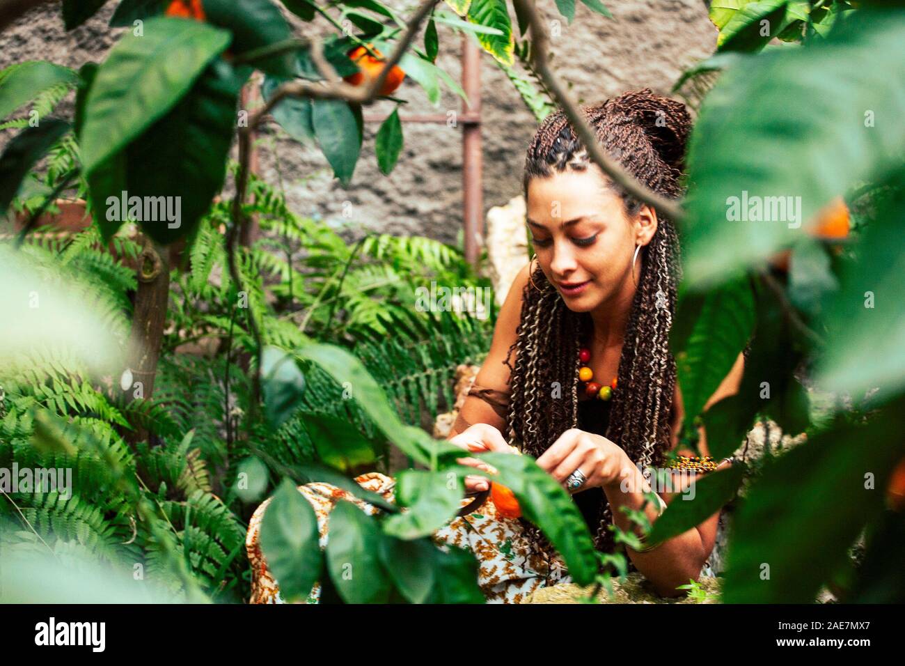 pretty islam woman in orange grove smiling, real muslim girl cheerful ...