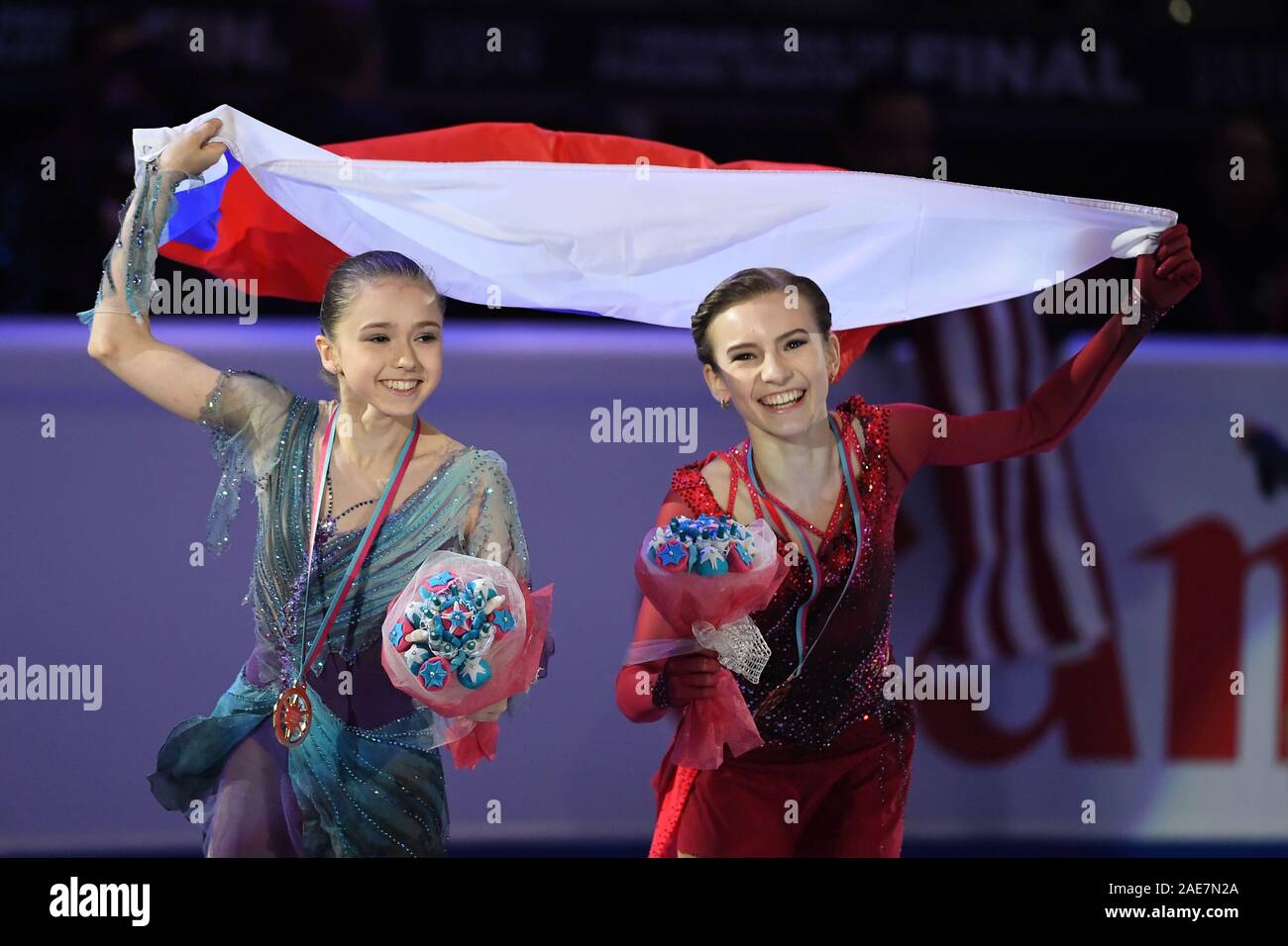 First place, Kamila VALIEVA, Russia, third place, Daria USACHEVA, during Junior Ladies Ceremony ...