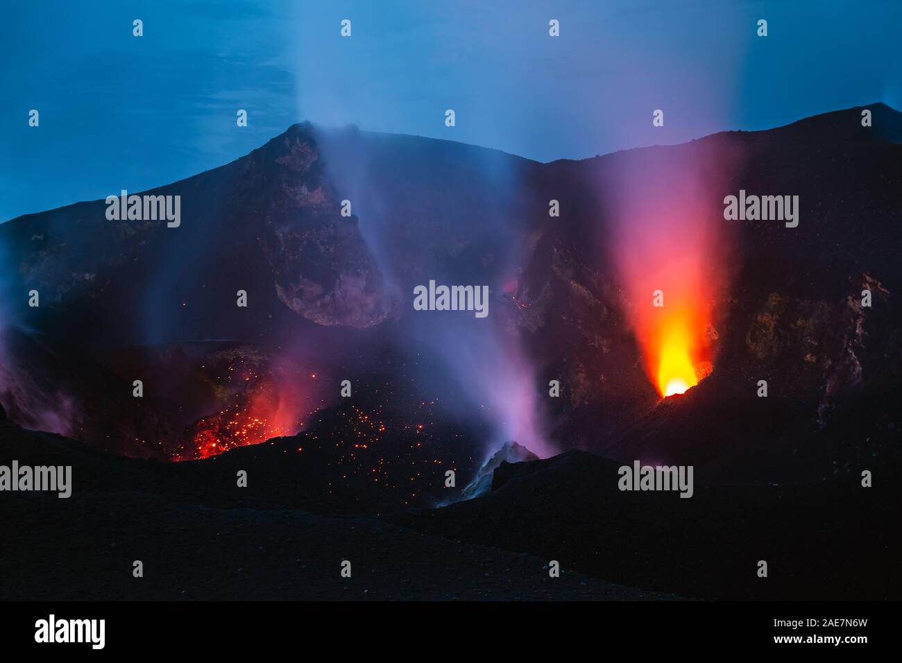 The eruption of active volcano Stromboli spraying lava into the night ...