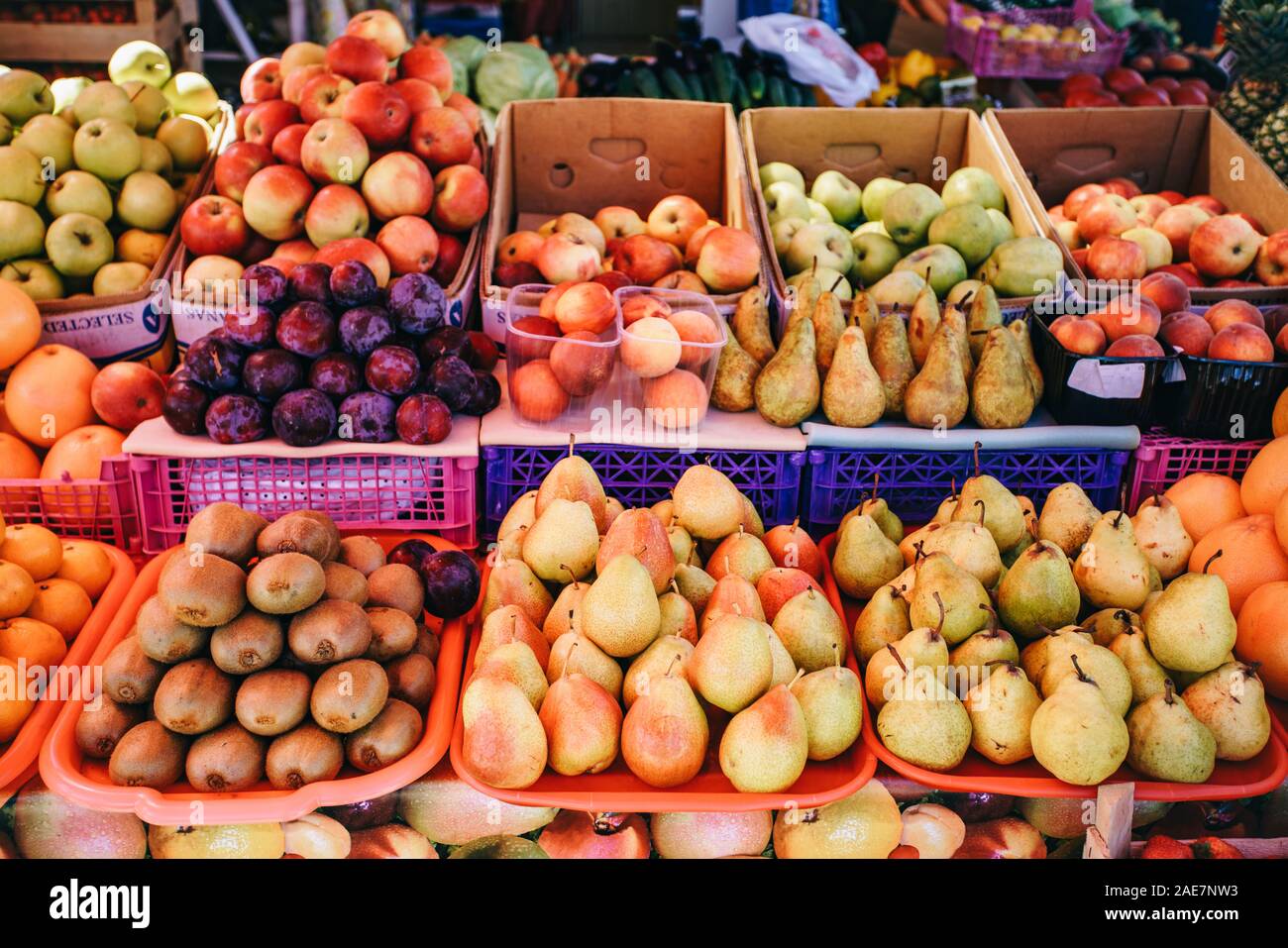 Fruit market. Lots of different fresh fruits Stock Photo - Alamy