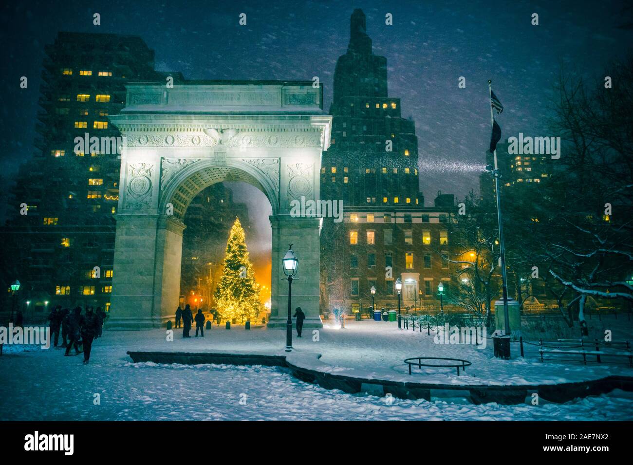 Winter holiday night view of the Washington Square Park with a ...