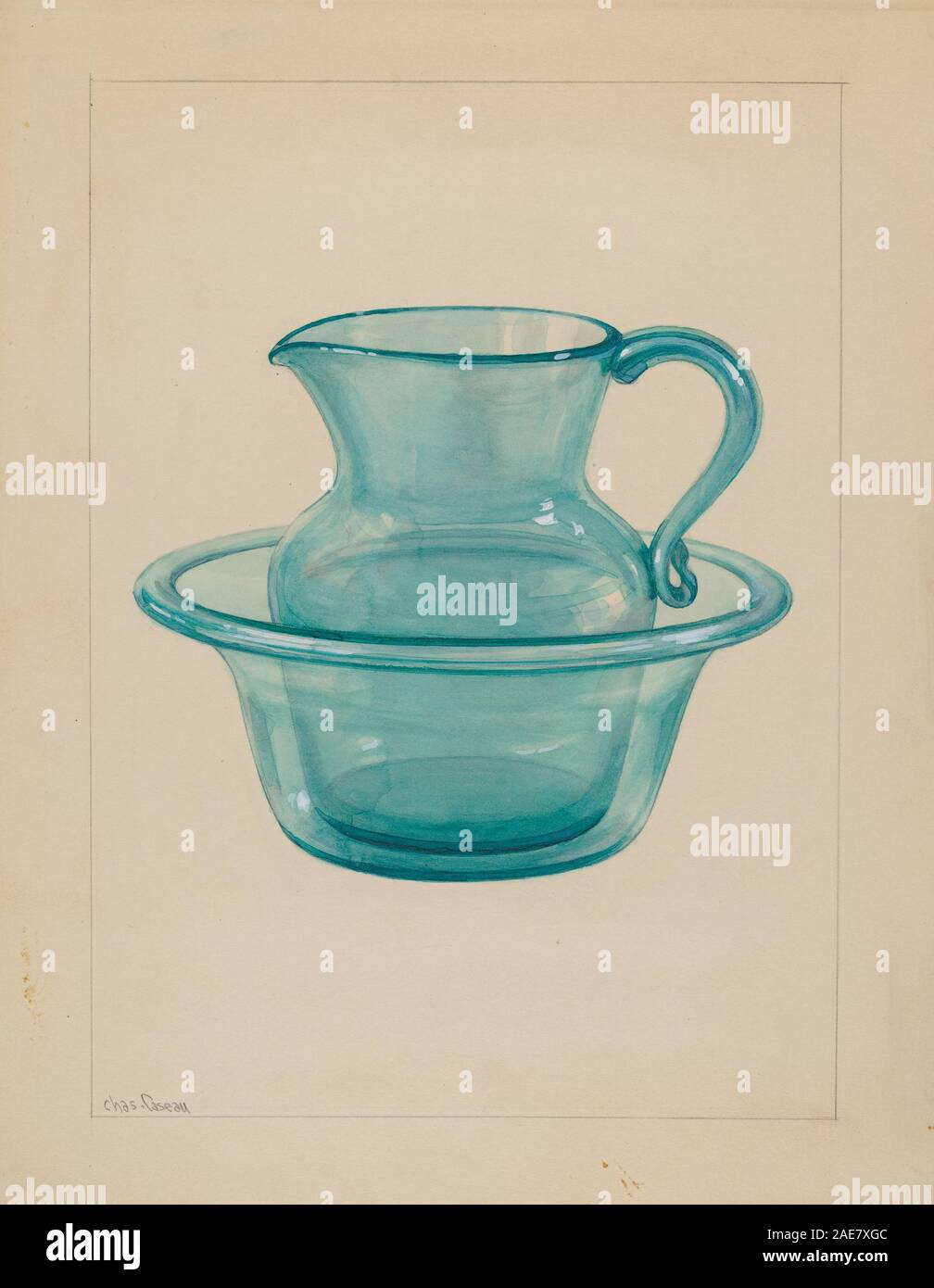 A wash bowl and pitcher made around 1937 by Charles Caseau, showing ...