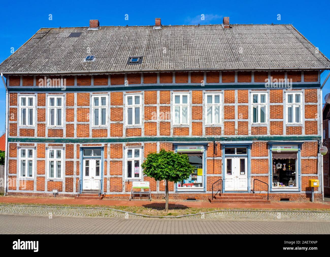 Traditional red brick timber frame building in town of Schnackenburg ...