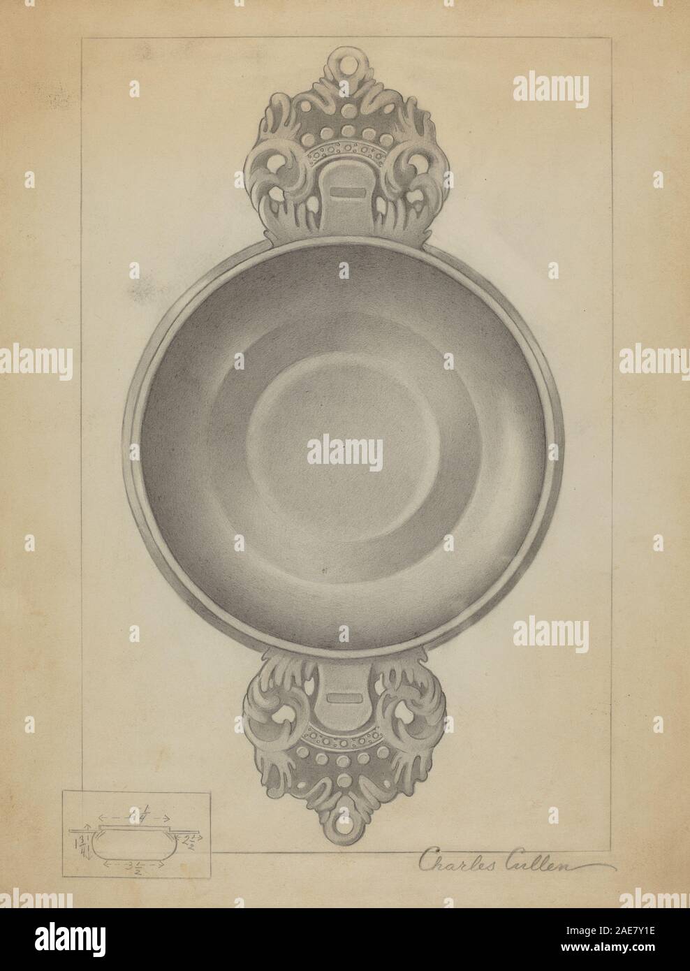 Depicts a pewter porringer created by Charles Cullen circa 1936 ...