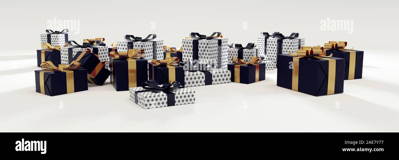Christmas Background with xmas presents, Dark Blue and White Gift boxes ...