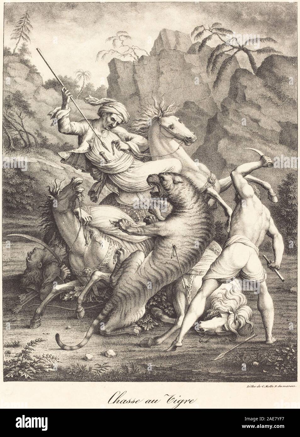 Print depicting a tiger hunt, created by Charles Etienne Pierre Motte ...