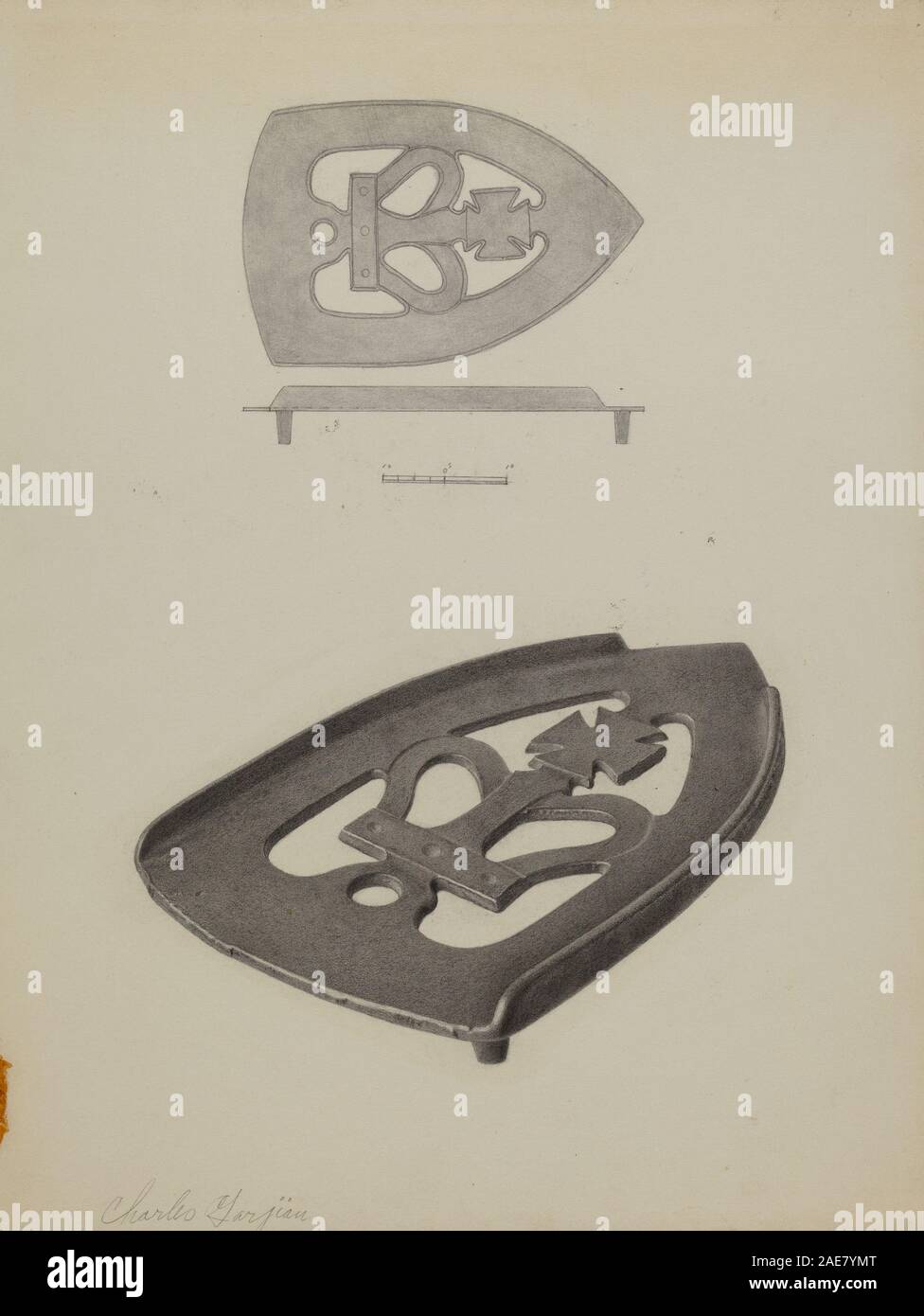 Flat iron holder made by Charles Garjian around 1938, showing ...