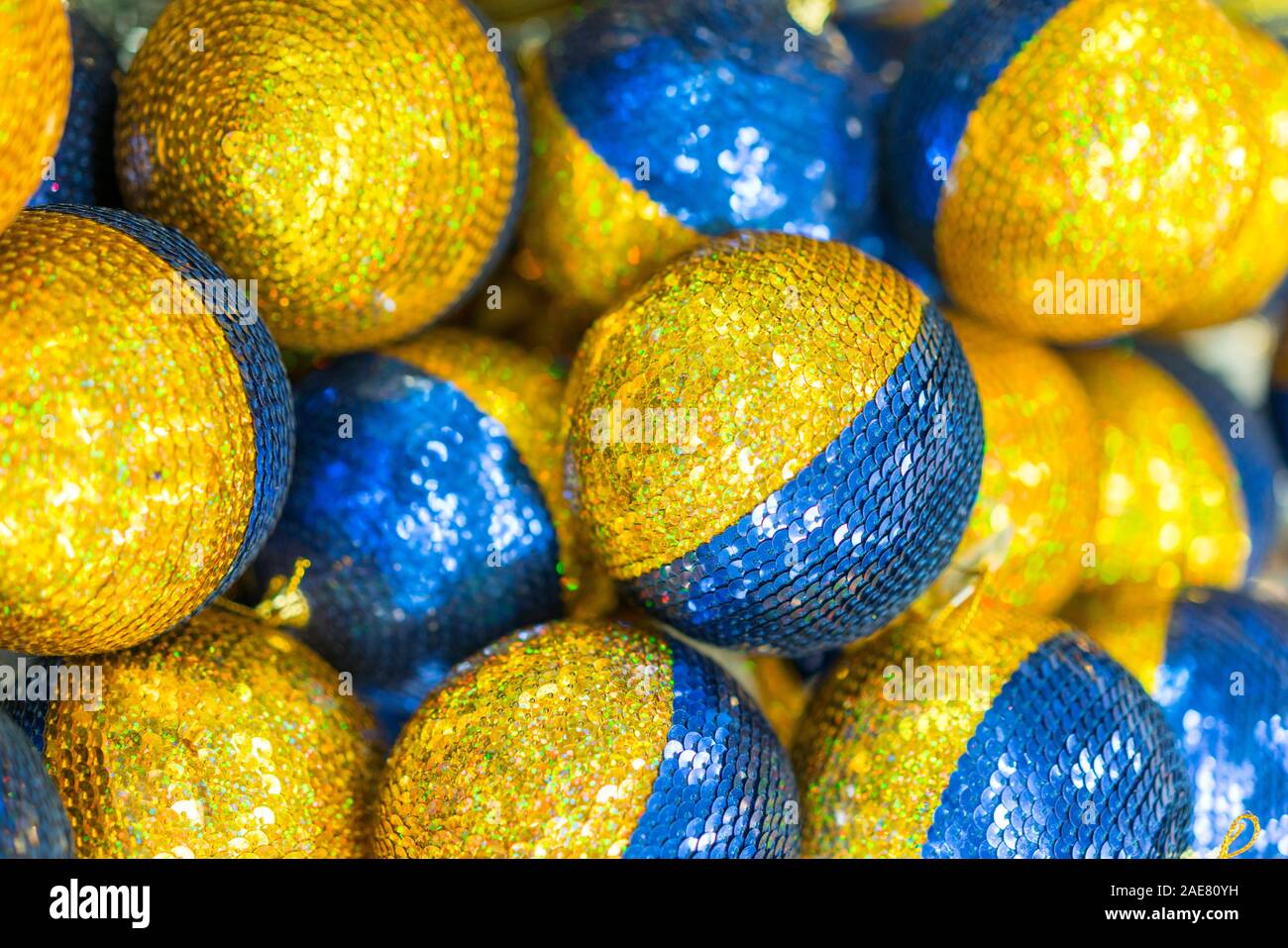 yellow-blue Christmas balls to decorate the Christmas tree. Christmas ...