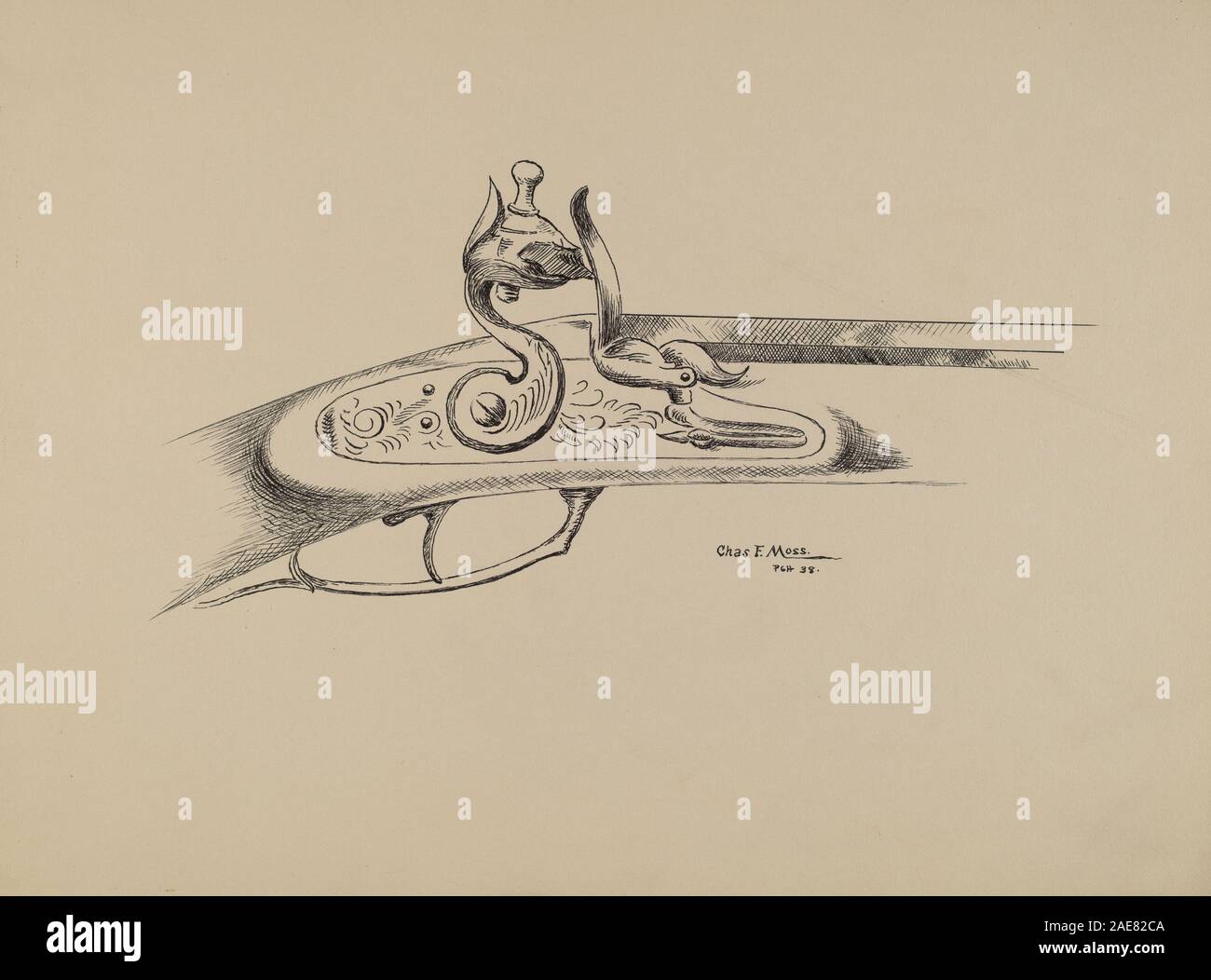 Detail of a Flint Lock, by Charles Moss in 1938, depicts the mechanical ...