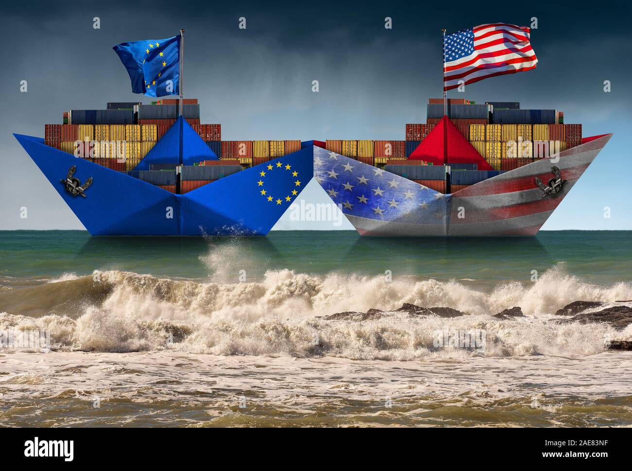 USA and EU trade war concept. Collision of two cargo container ships ...