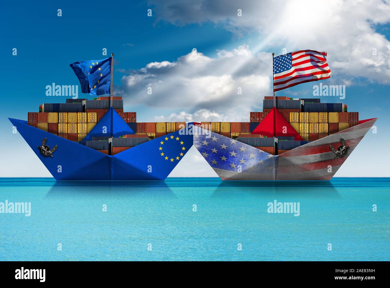 USA and EU trade war concept. Collision of two cargo container ships ...