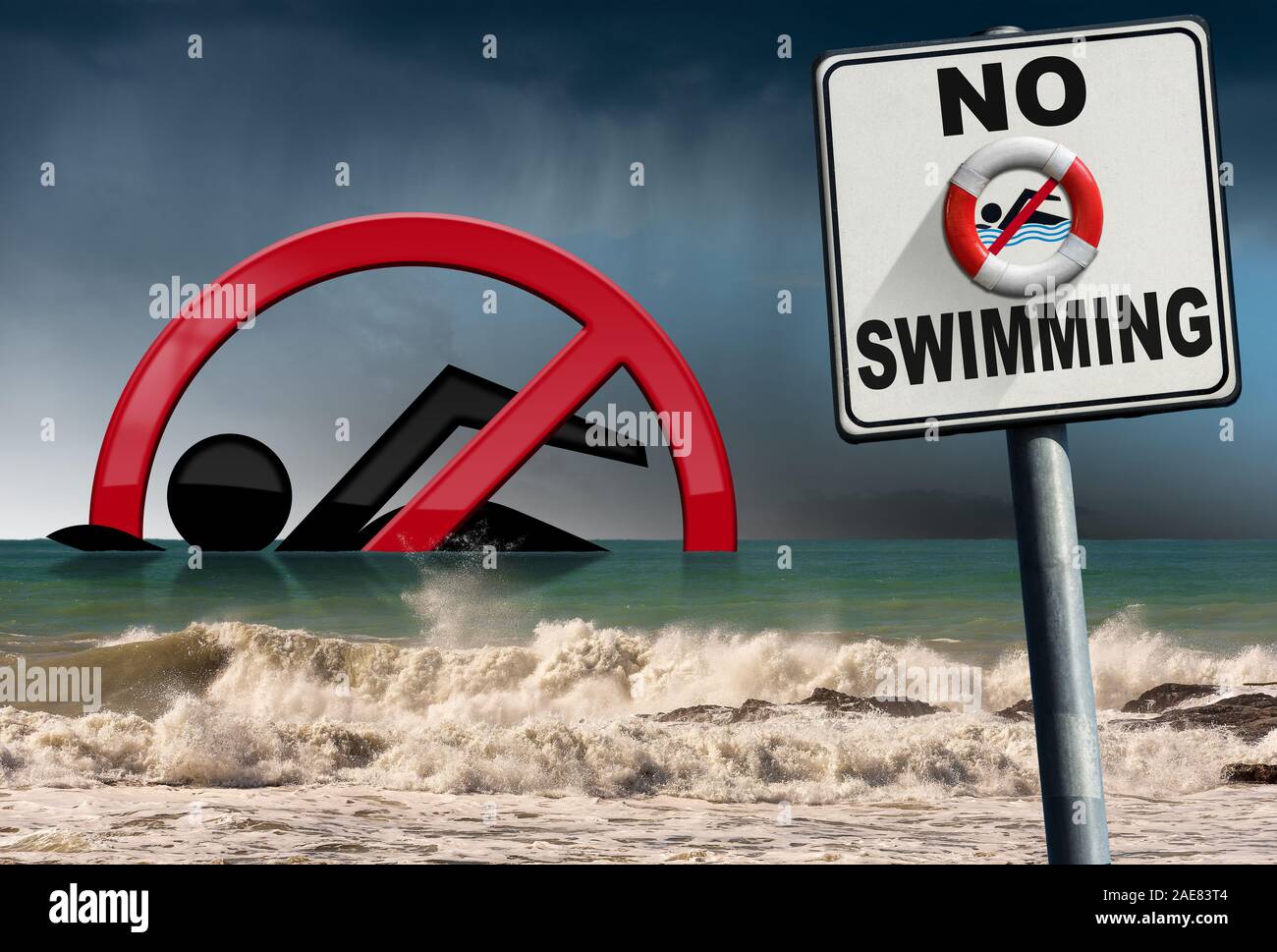 No swimming. Danger sign and disobedient swimmer, at the beach with a ...