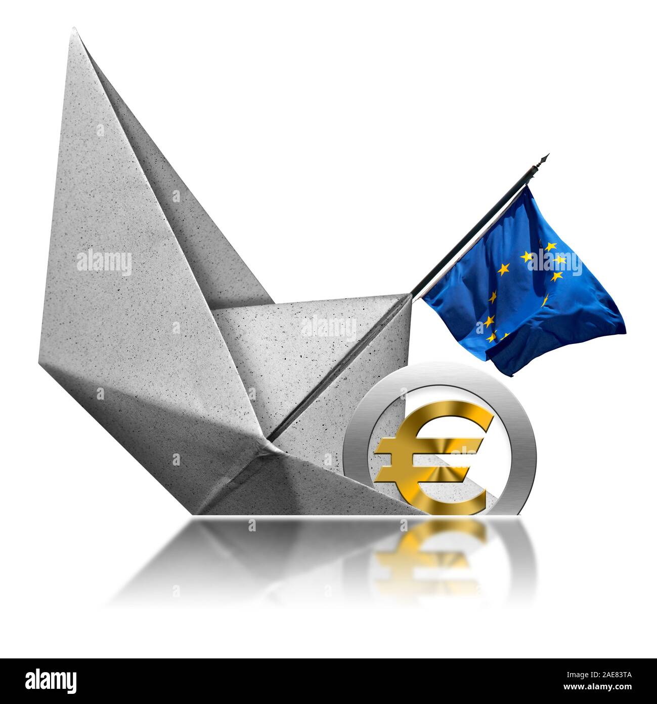 Euro currency symbol, sinking aboard of a paper boat with the European ...