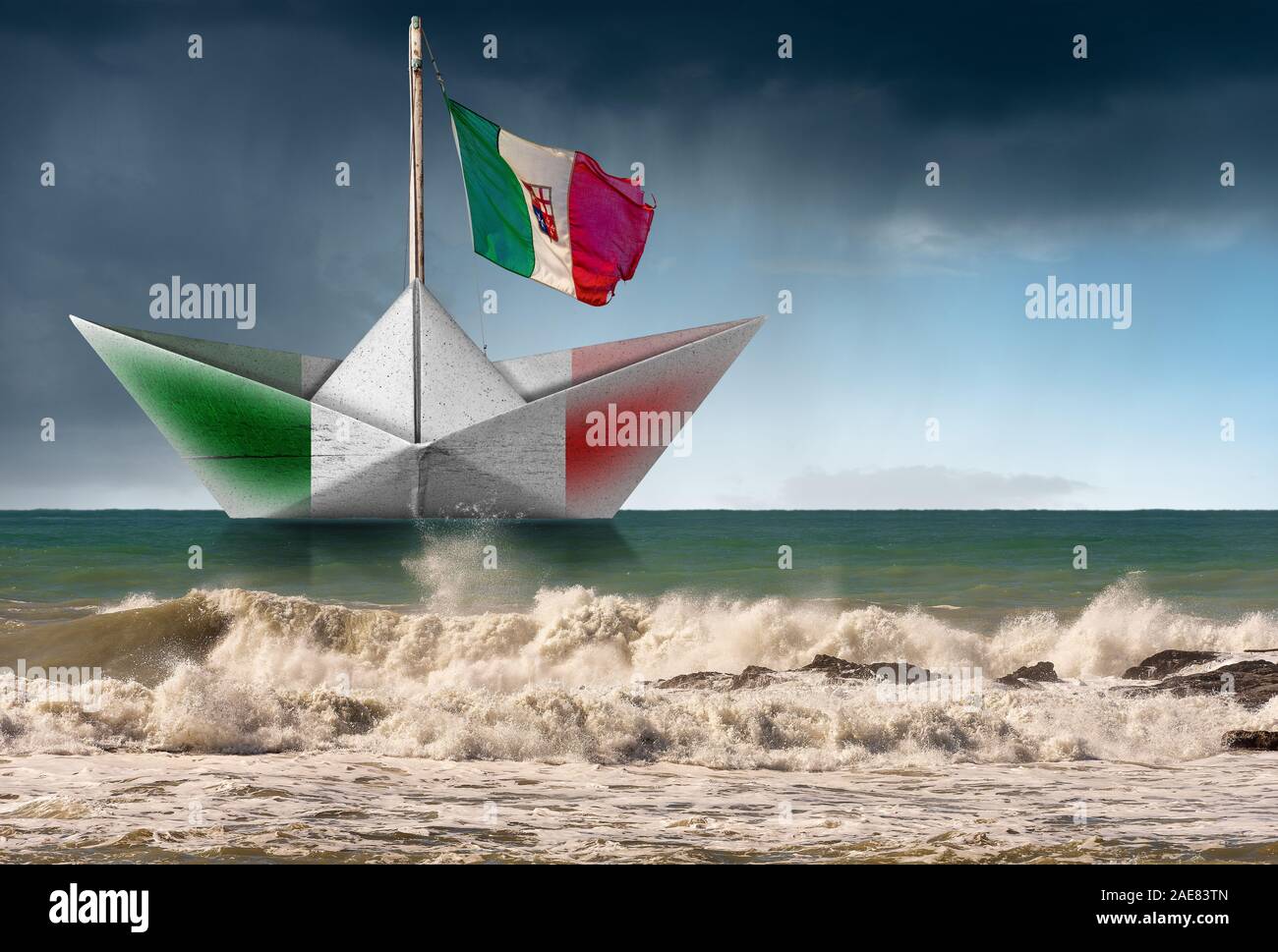 White paper boat with the Italian flag, in a rough sea with wave and ...