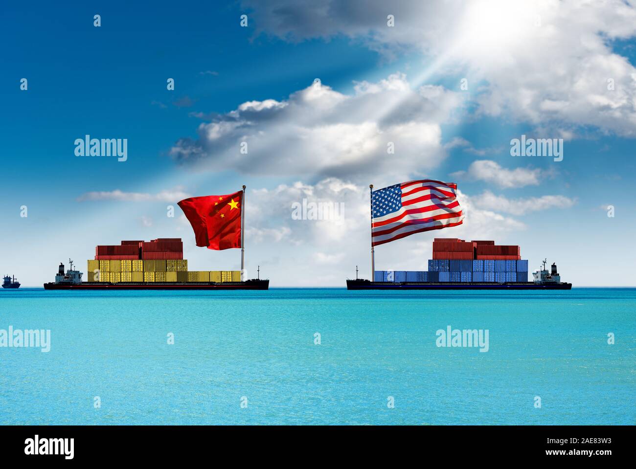 USA and China trade war concept. Two cargo container ships with the ...