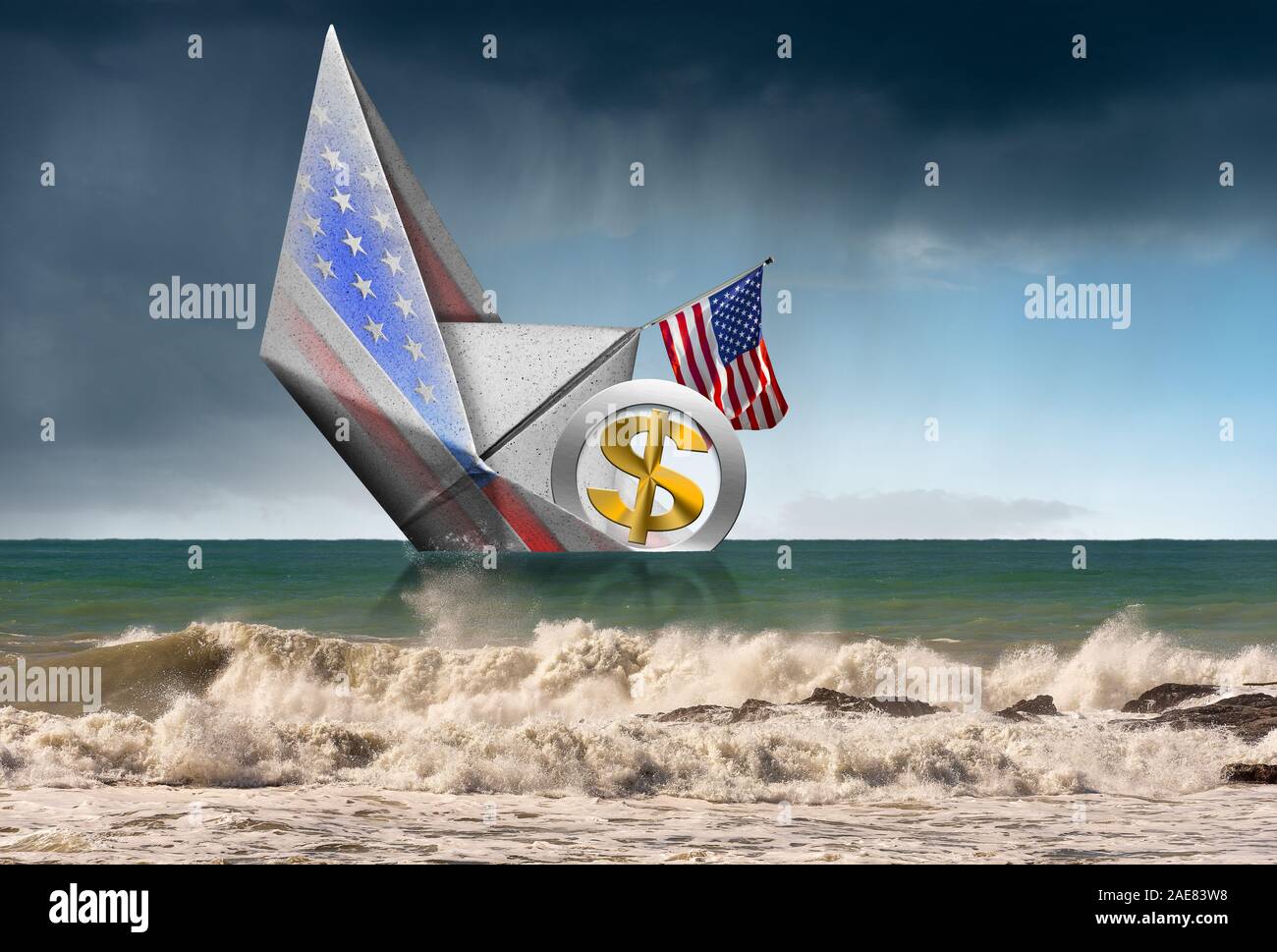 US Dollar symbol sinking aboard of a paper boat with the United states ...