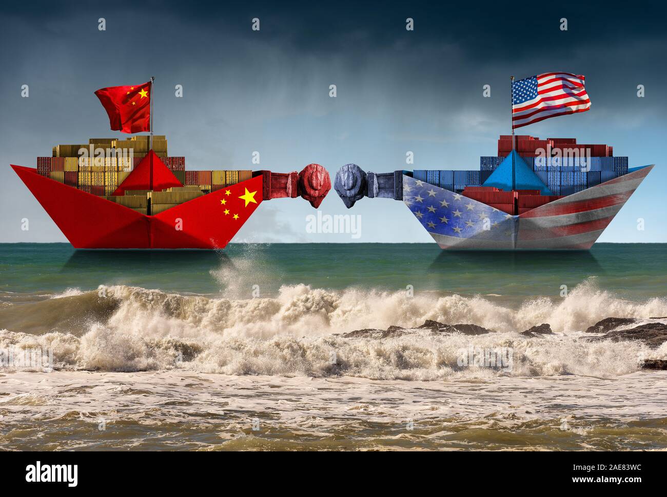 USA and China trade war concept. Two cargo container ships with ...