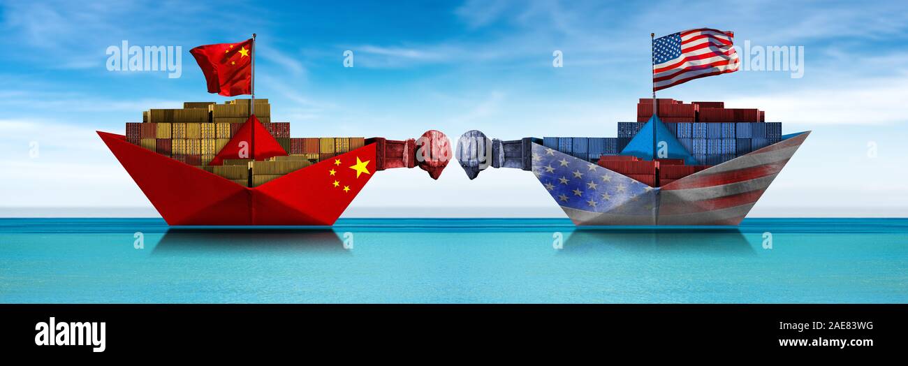 USA and China trade war concept. Two cargo container ships with ...