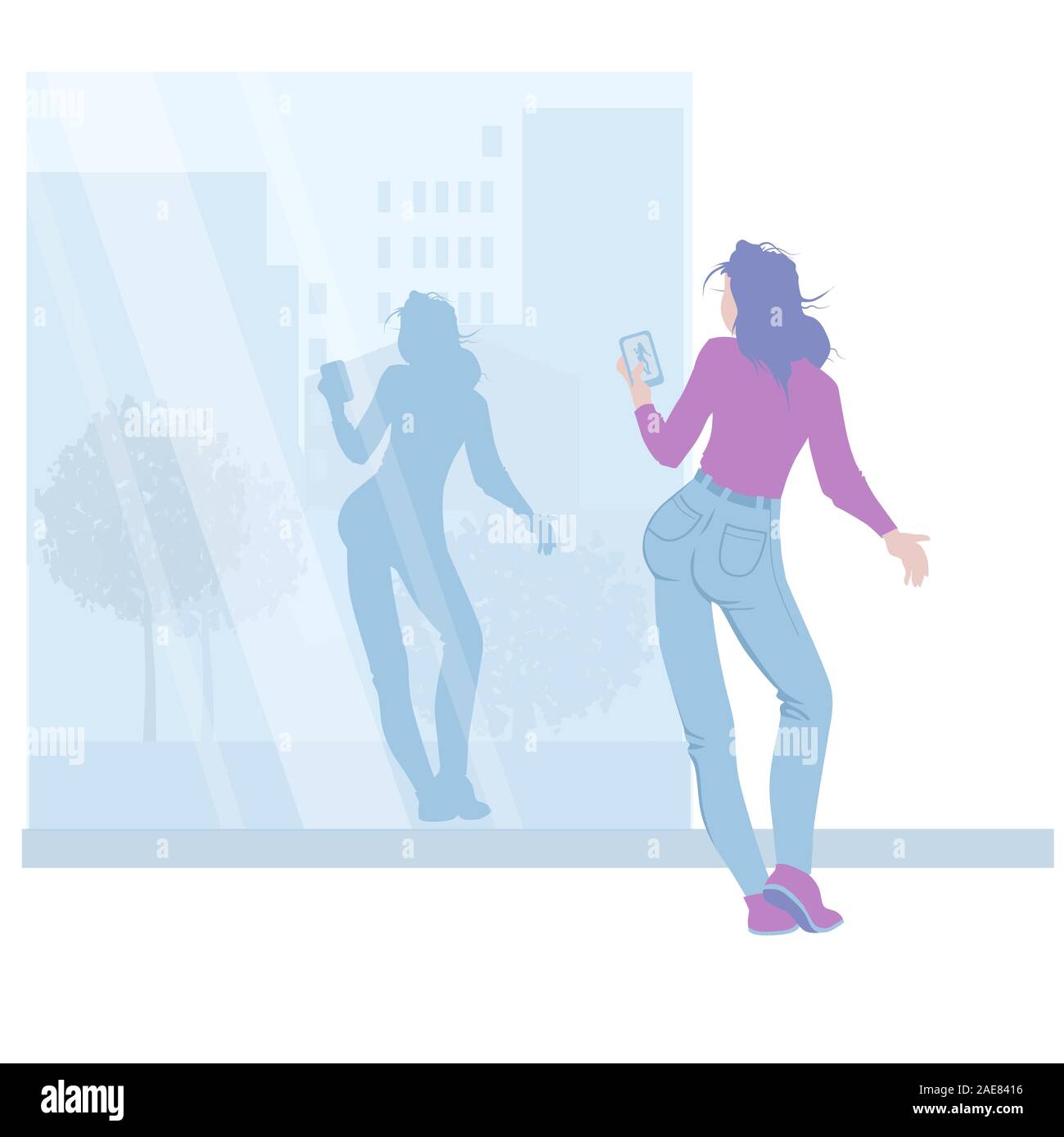 Young slender girl makes reflection selfies in a showcase against the ...