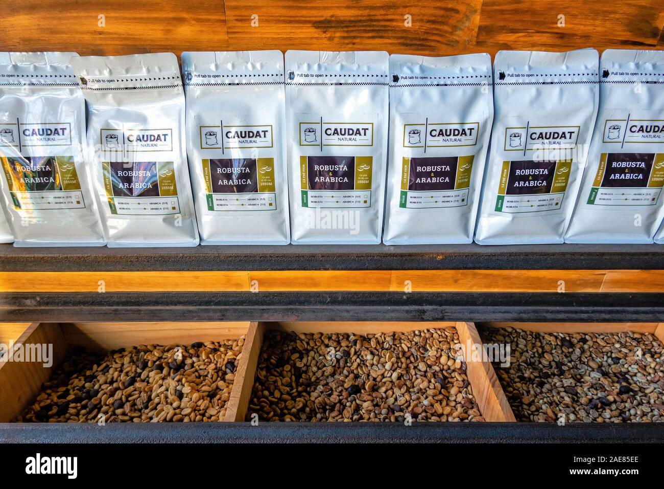 Roasted coffee beans at Cau Dat town, Da Lat, Vietnam. Cau Dat town is ...