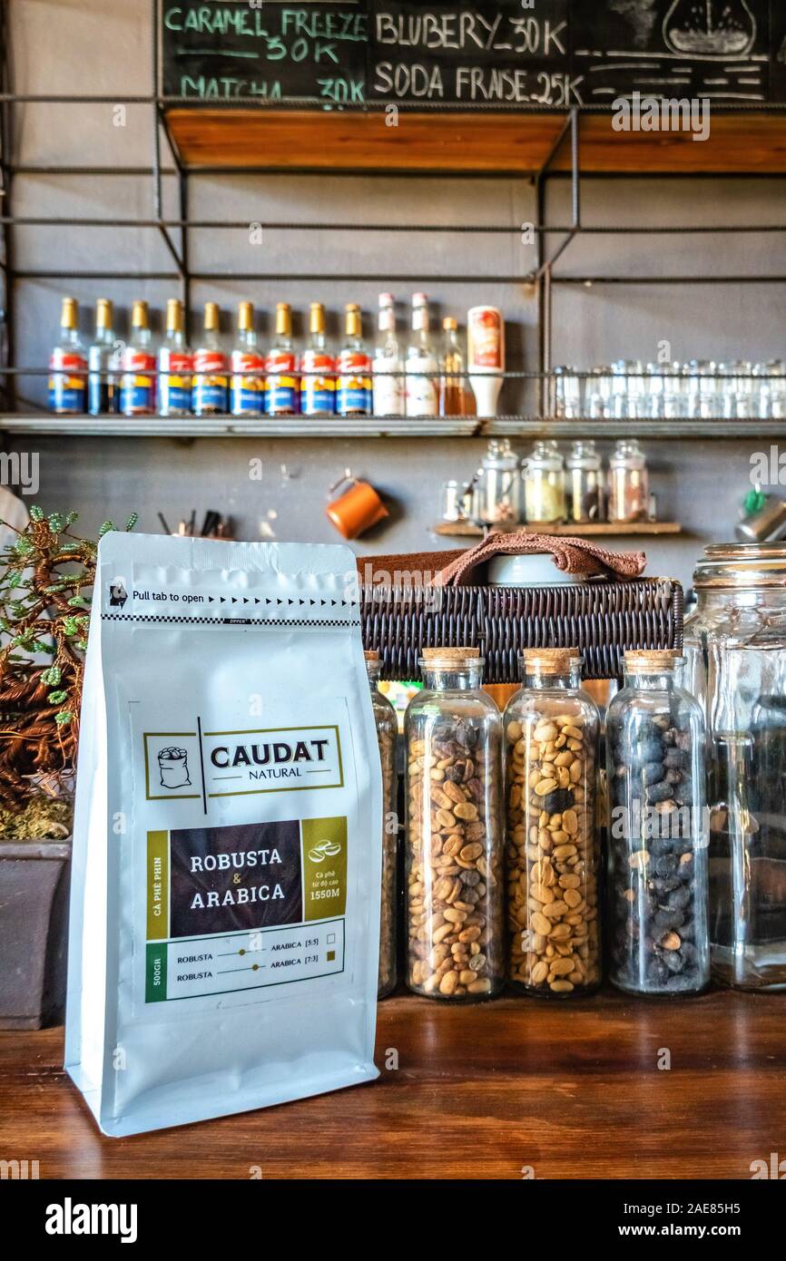 Roasted coffee beans at Cau Dat town, Da Lat, Vietnam. Cau Dat town is ...