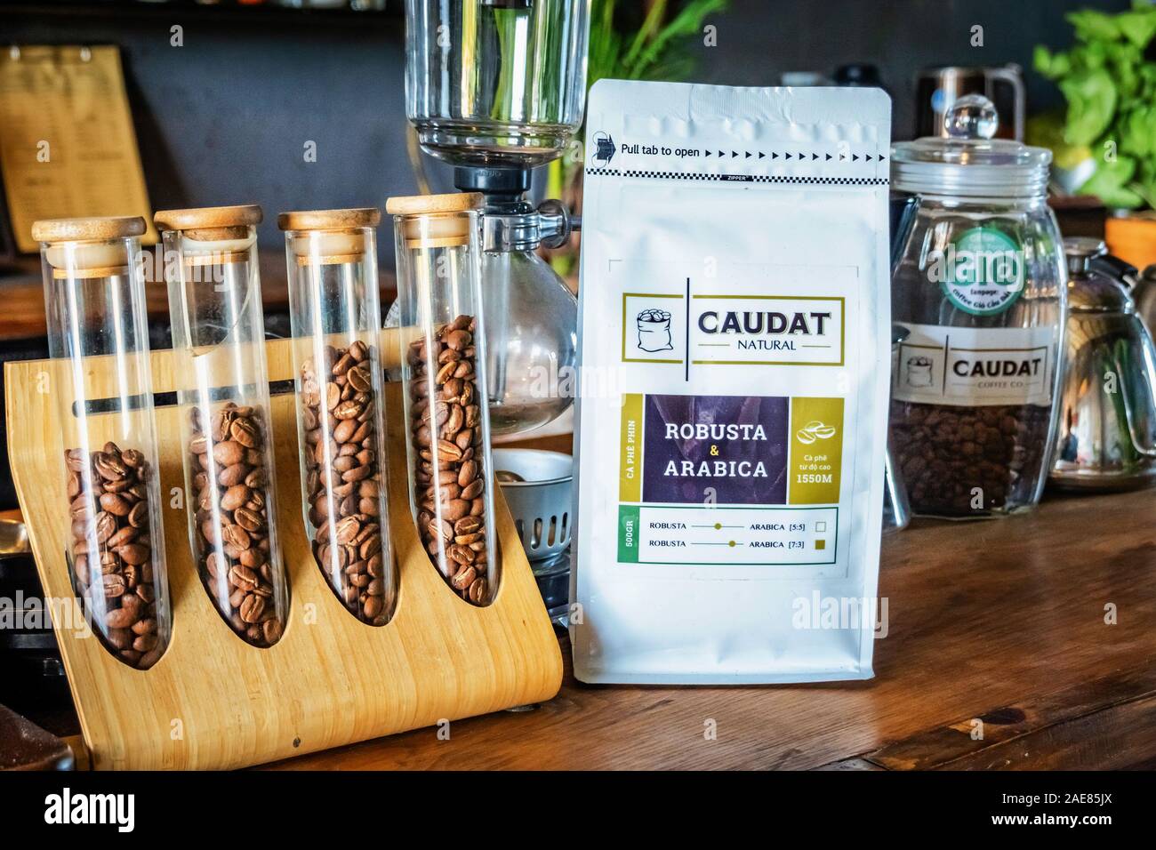 Roasted coffee beans at Cau Dat town, Da Lat, Vietnam. Cau Dat town is ...