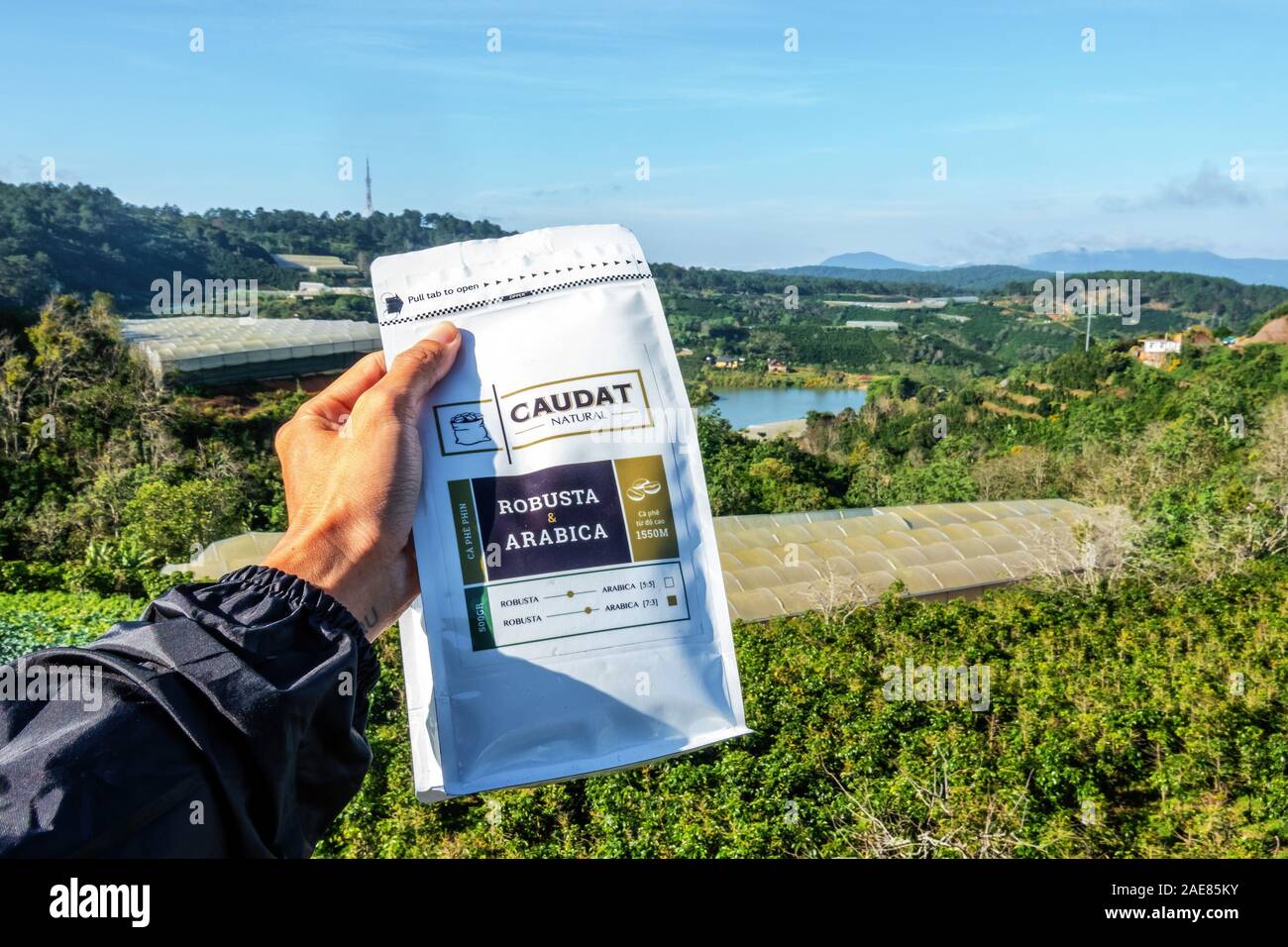 Roasted coffee beans at Cau Dat town, Da Lat, Vietnam. Cau Dat town is ...