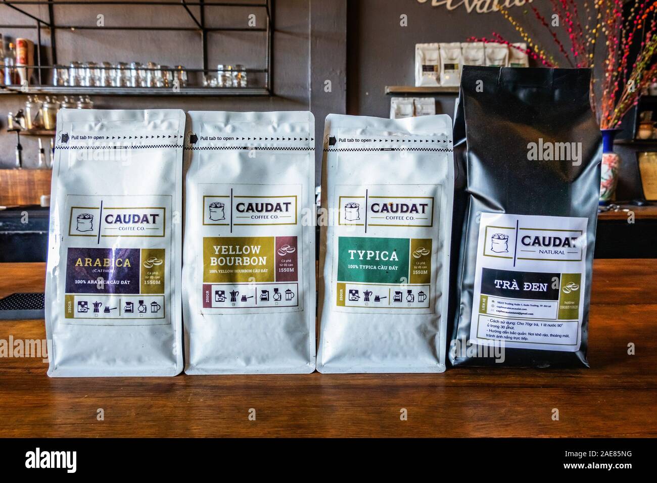 Roasted coffee beans at Cau Dat town, Da Lat, Vietnam. Cau Dat town is ...