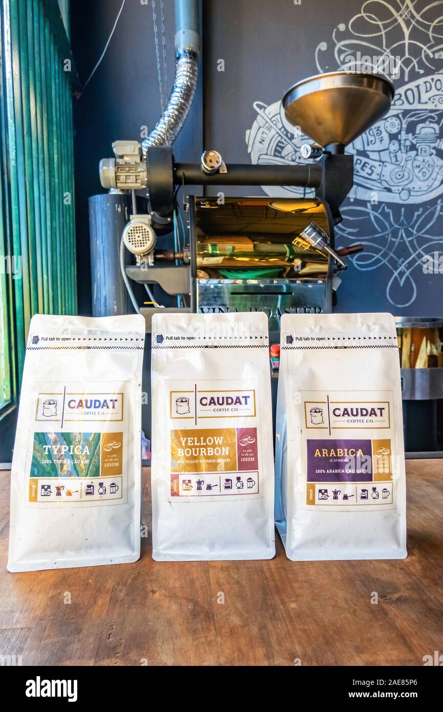 Roasted coffee beans at Cau Dat town, Da Lat, Vietnam. Cau Dat town is ...