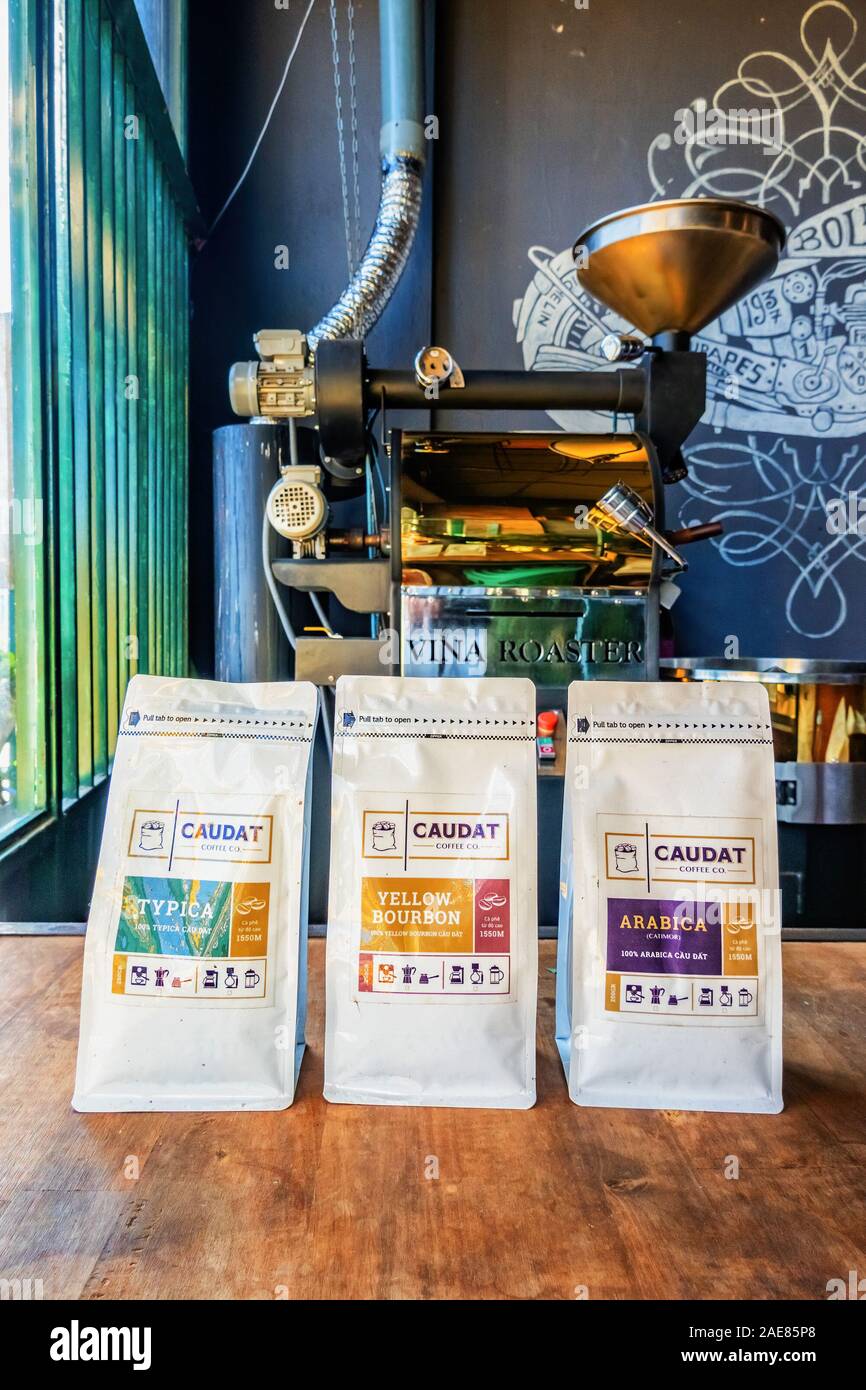 Roasted coffee beans at Cau Dat town, Da Lat, Vietnam. Cau Dat town is ...