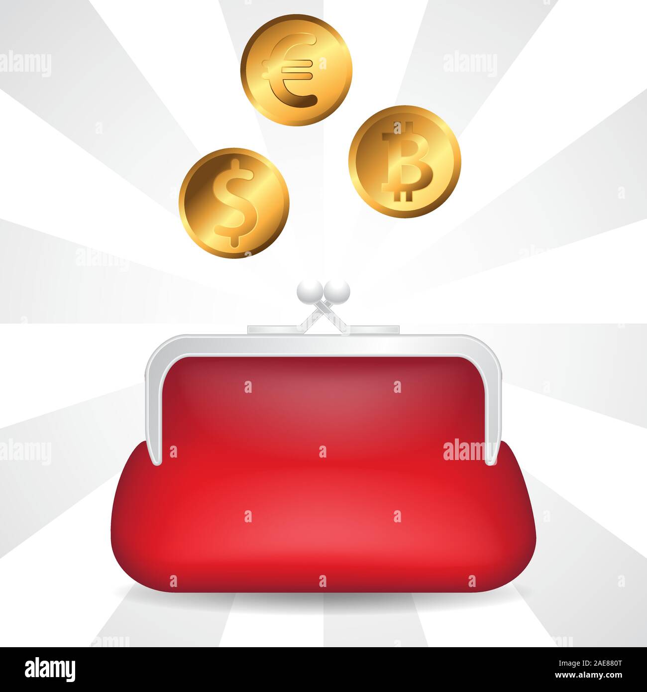 Red wallet and gold coins Euro dollar bitcoin on isolated background ...