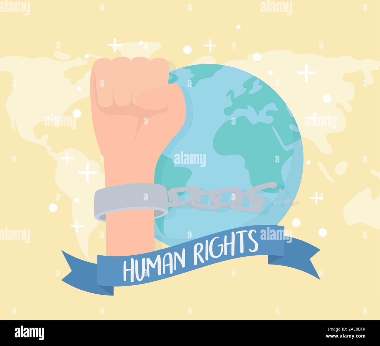 human rights, hand with handcuffs and chain world banner vector ...