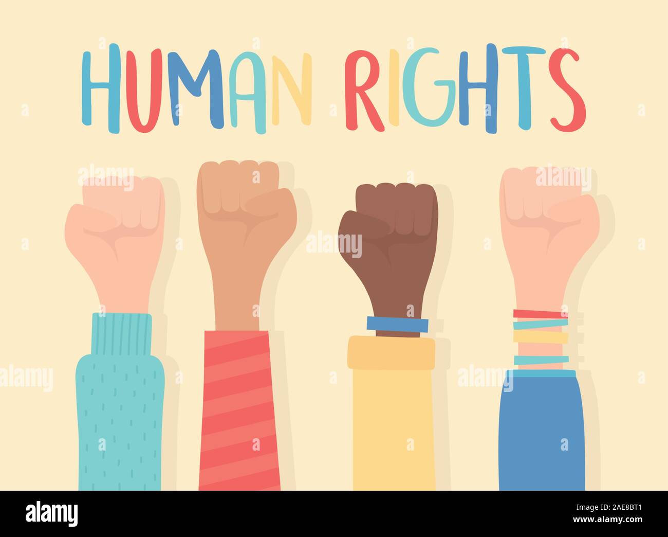 human rights, raised hands in fist gesture inscription vector ...