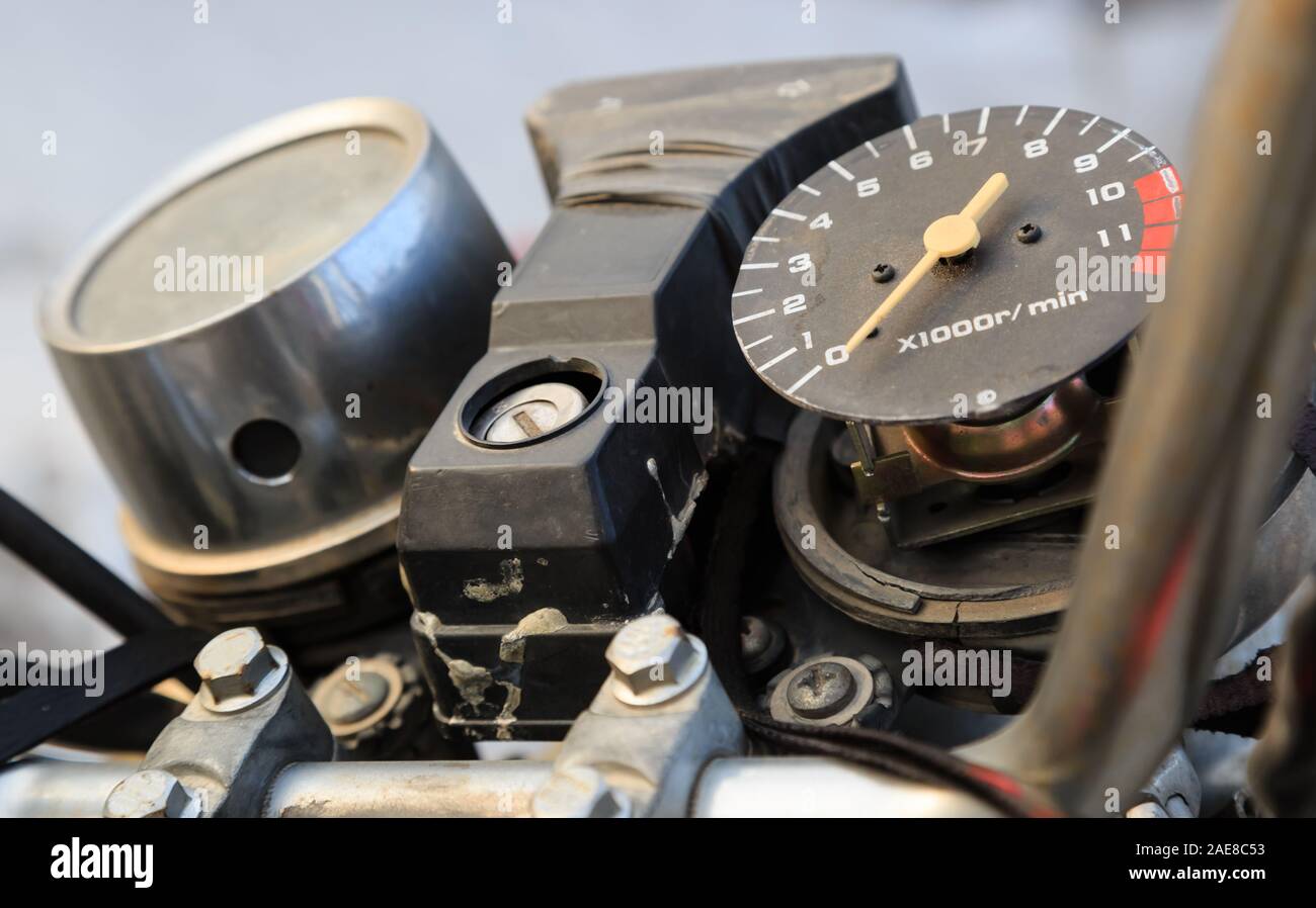 old motorbike speed meter closeup detail view Stock Photo - Alamy