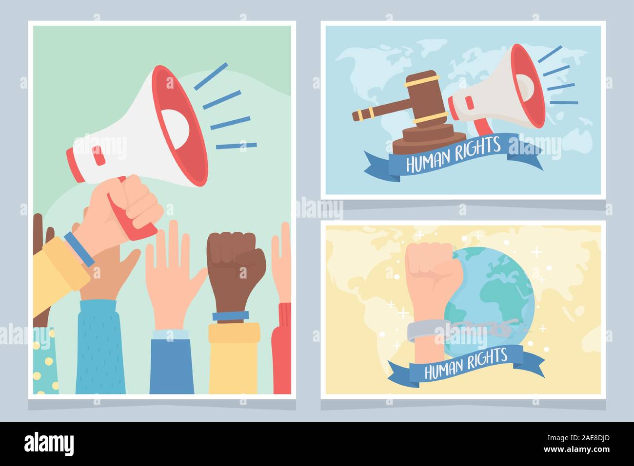 human rights, raised hands megaphone world justice law cards vector ...