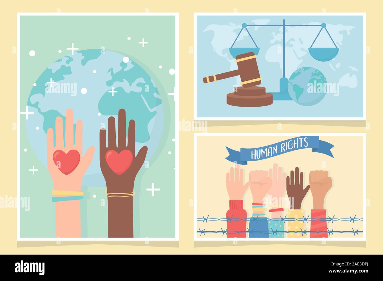human rights, raised hands fist hearts love world cards vector ...