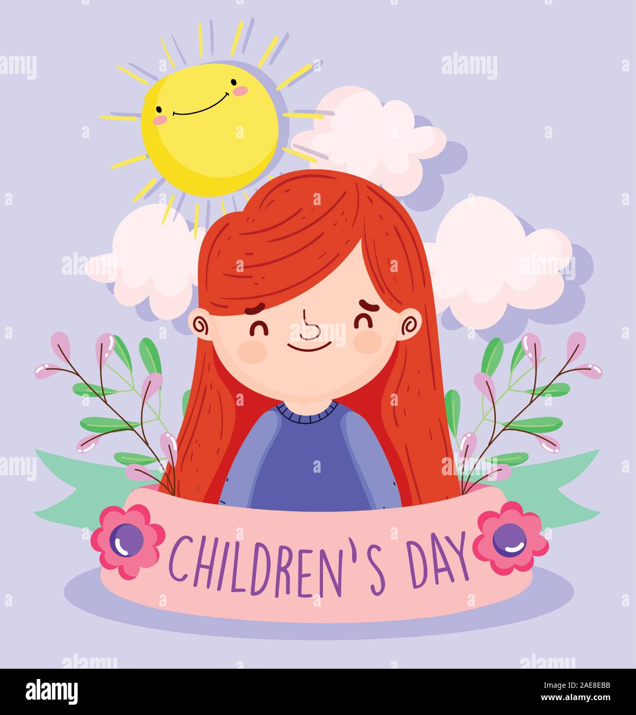 happy children day, little girl foliage sun cloud ribbon cartoon vector ...