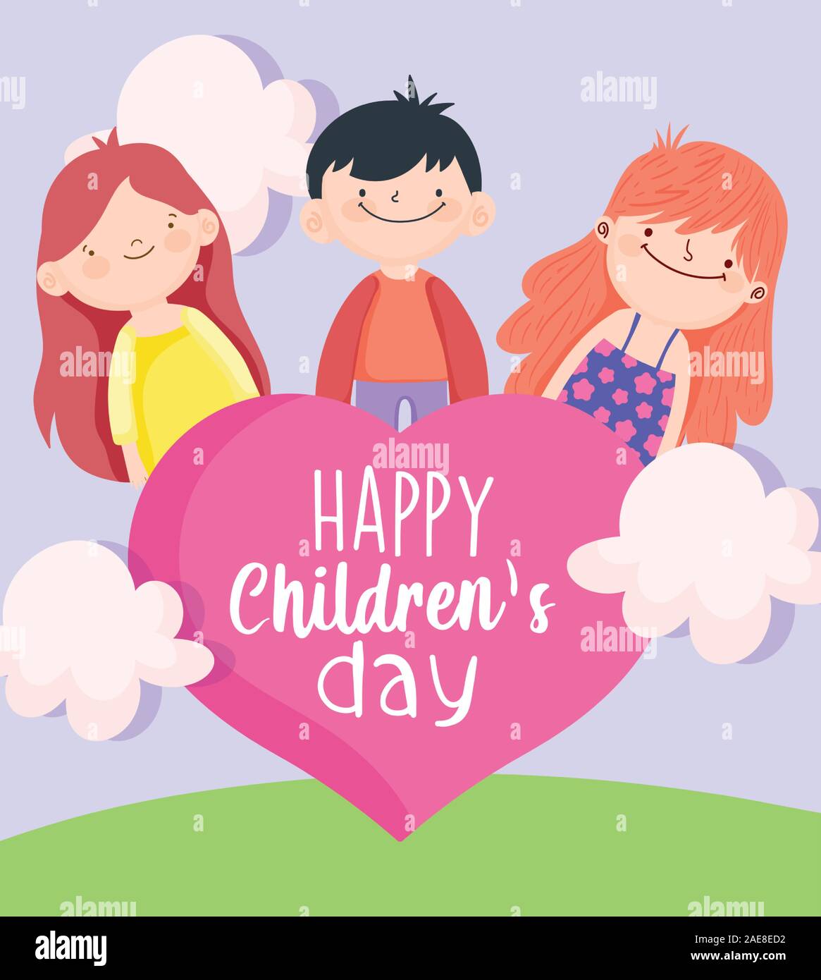 happy children day, cute little boy and girls love heart clouds vector ...