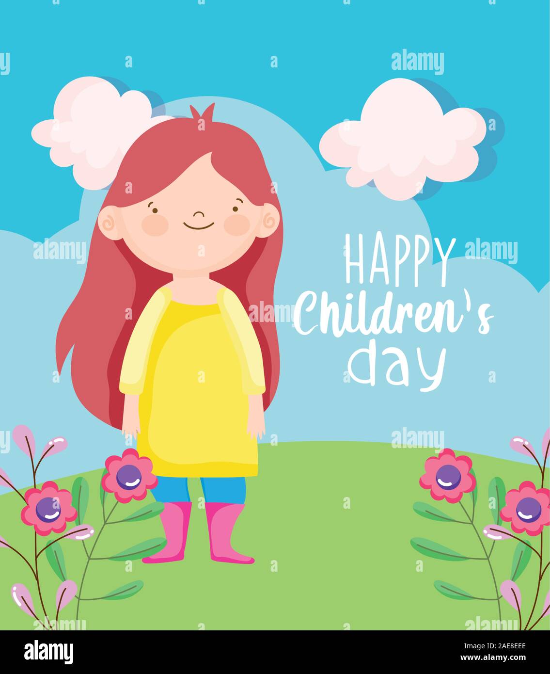 happy children day, cute little girl in the meadow with flowers vector ...