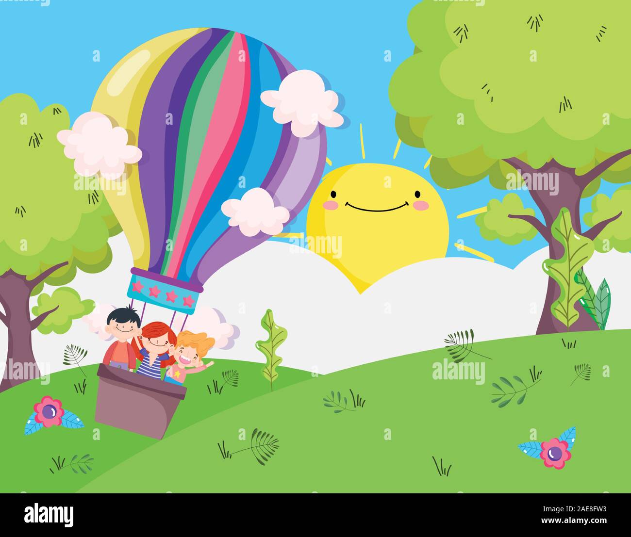 happy children day, little kids in the air balloon field sky cartoon ...