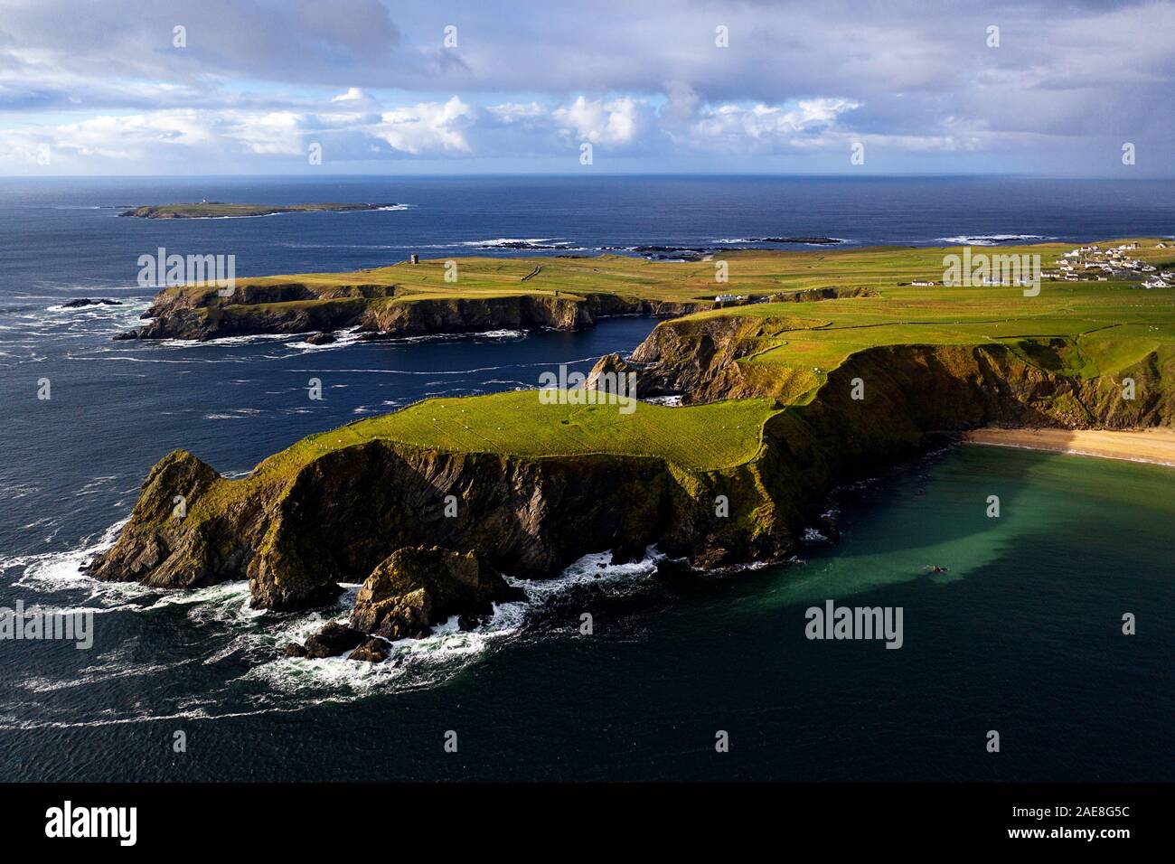 Aerial view of cliffs at Silver Strand Beach at Malinbeg in Southwest ...